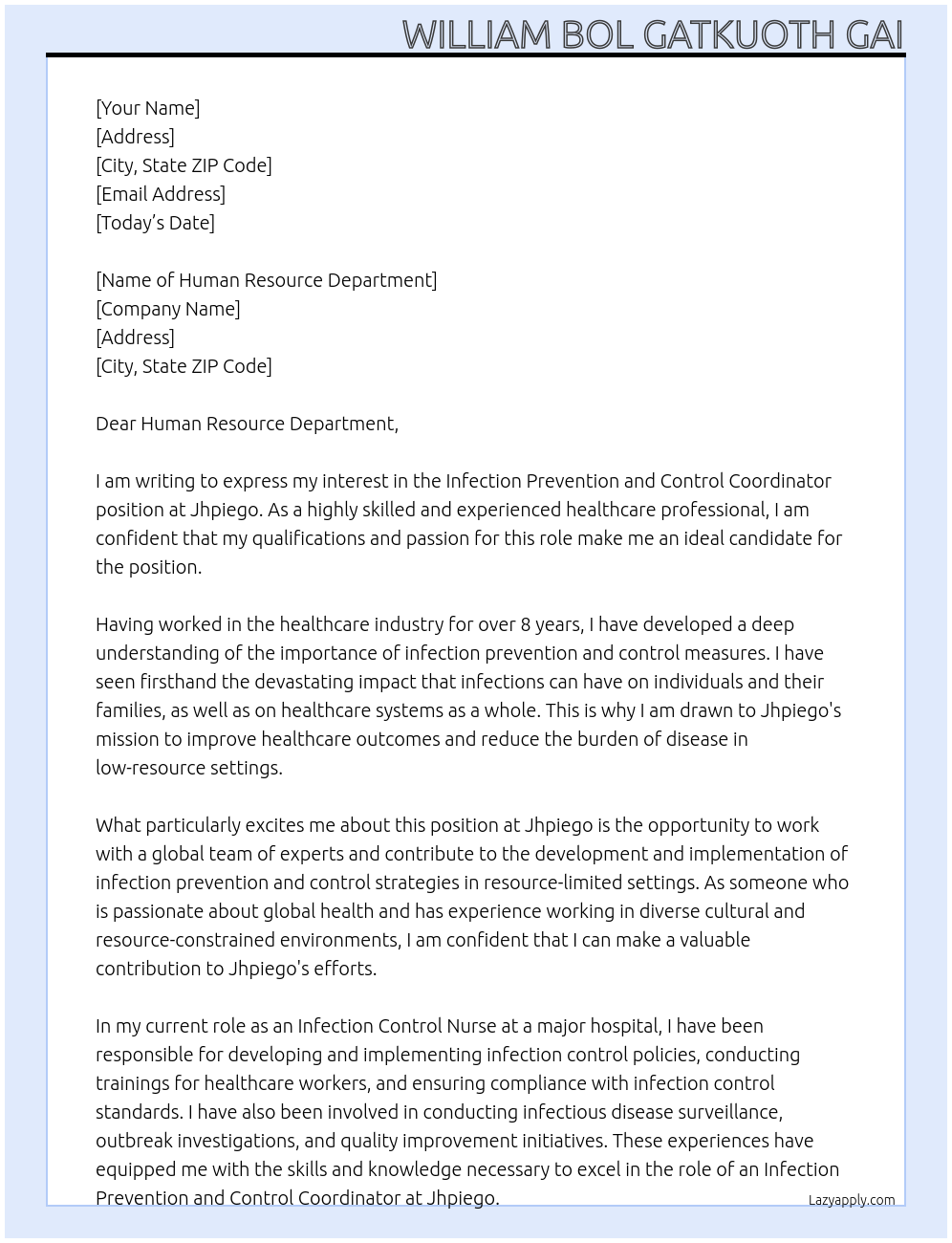 Cover letter for infection prevention and control coordinator - LazyApply