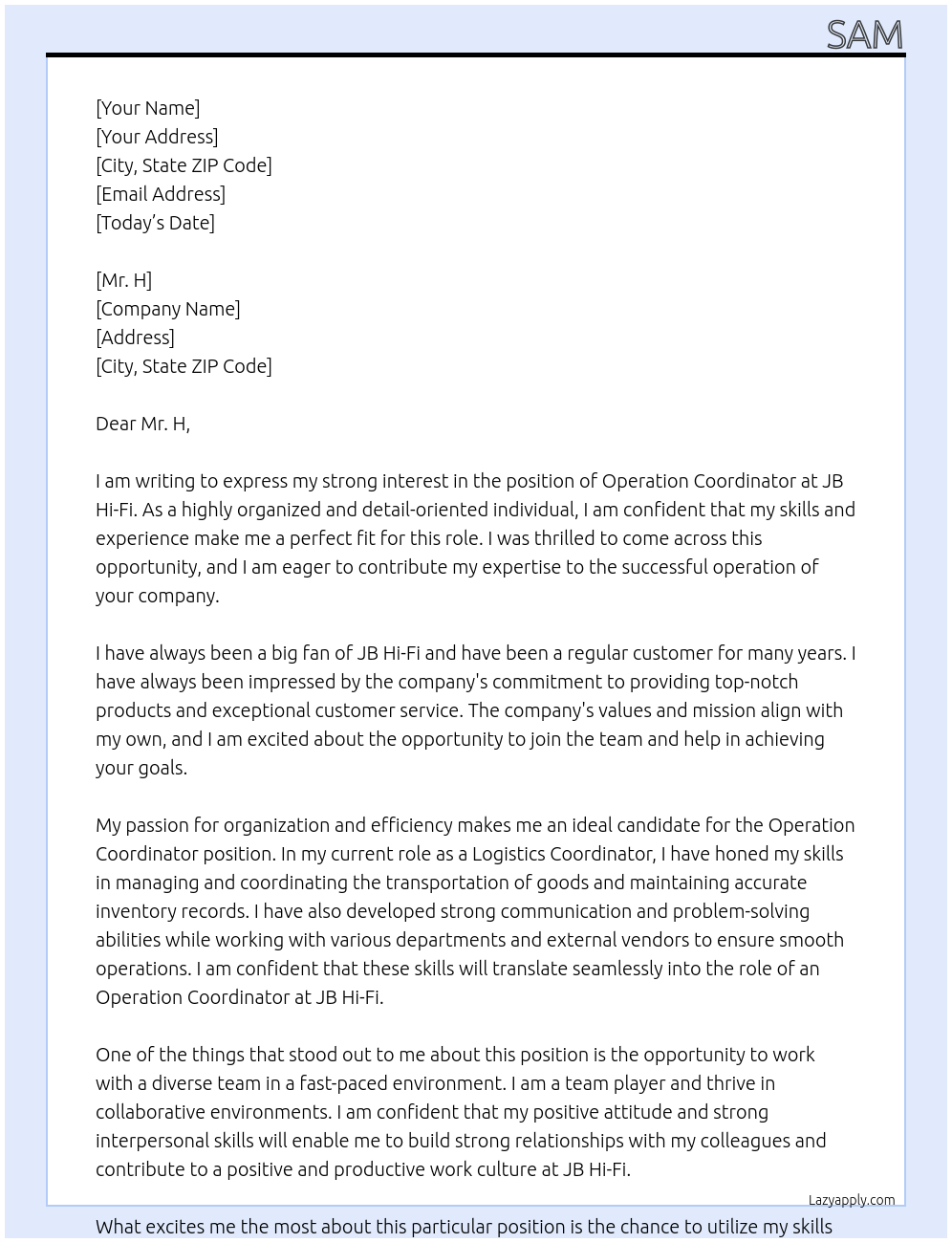 Cover letter for operation coordinator - LazyApply