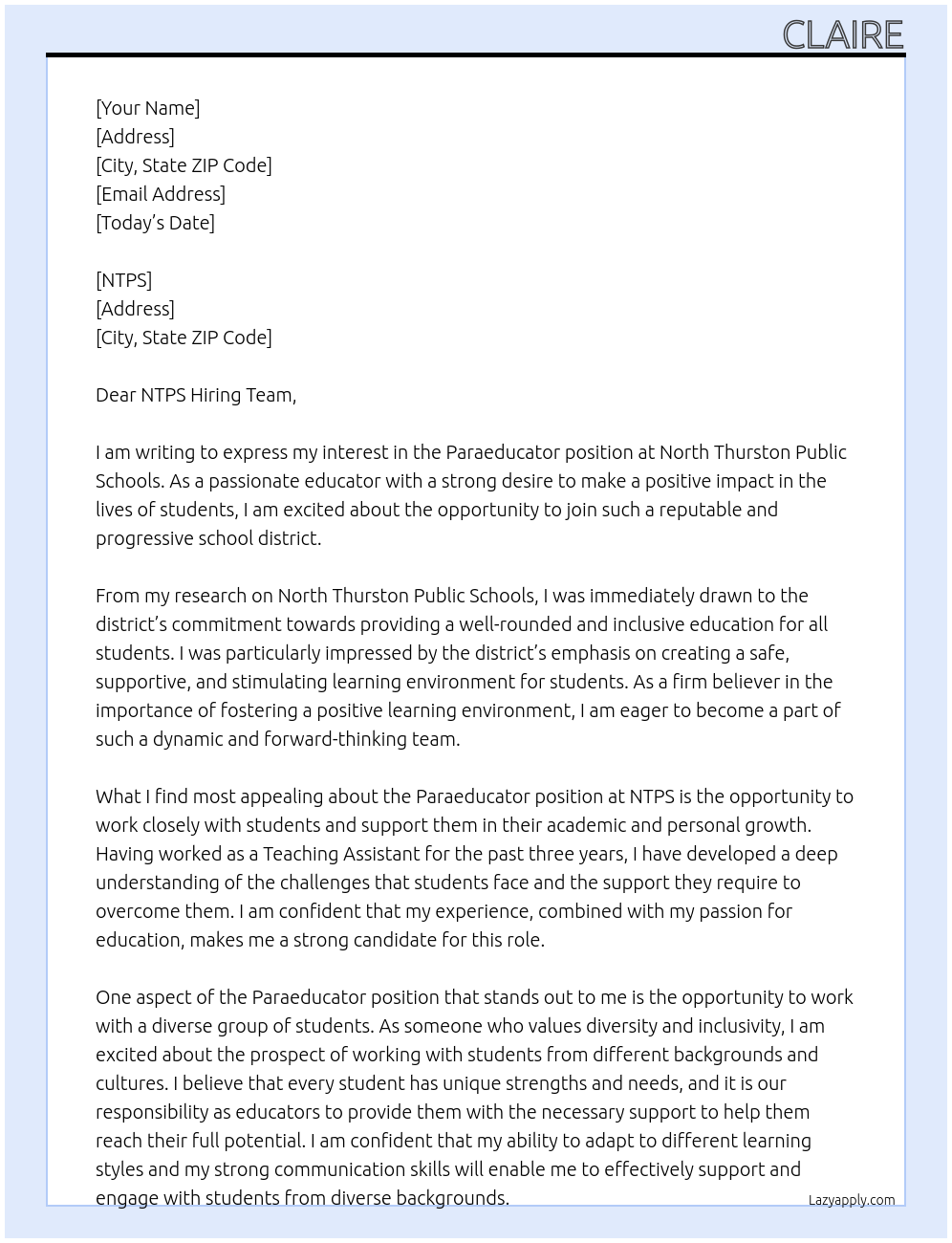 Cover letter for paraeducator - LazyApply