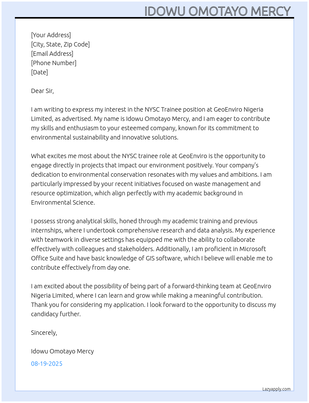 Cover letter for nysc trainee - LazyApply