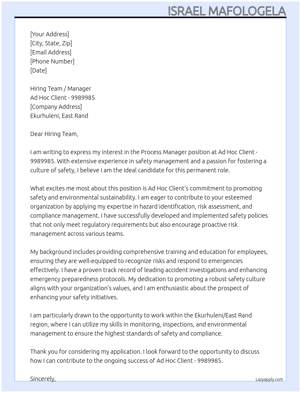 Cover letter for process manager - LazyApply