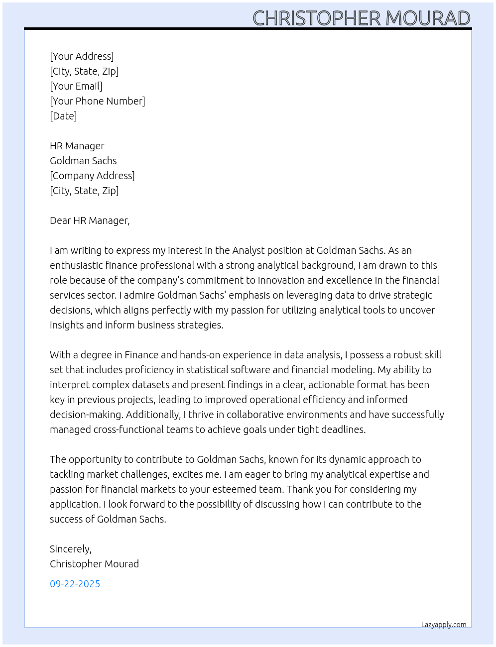 Cover letter for analyst - LazyApply