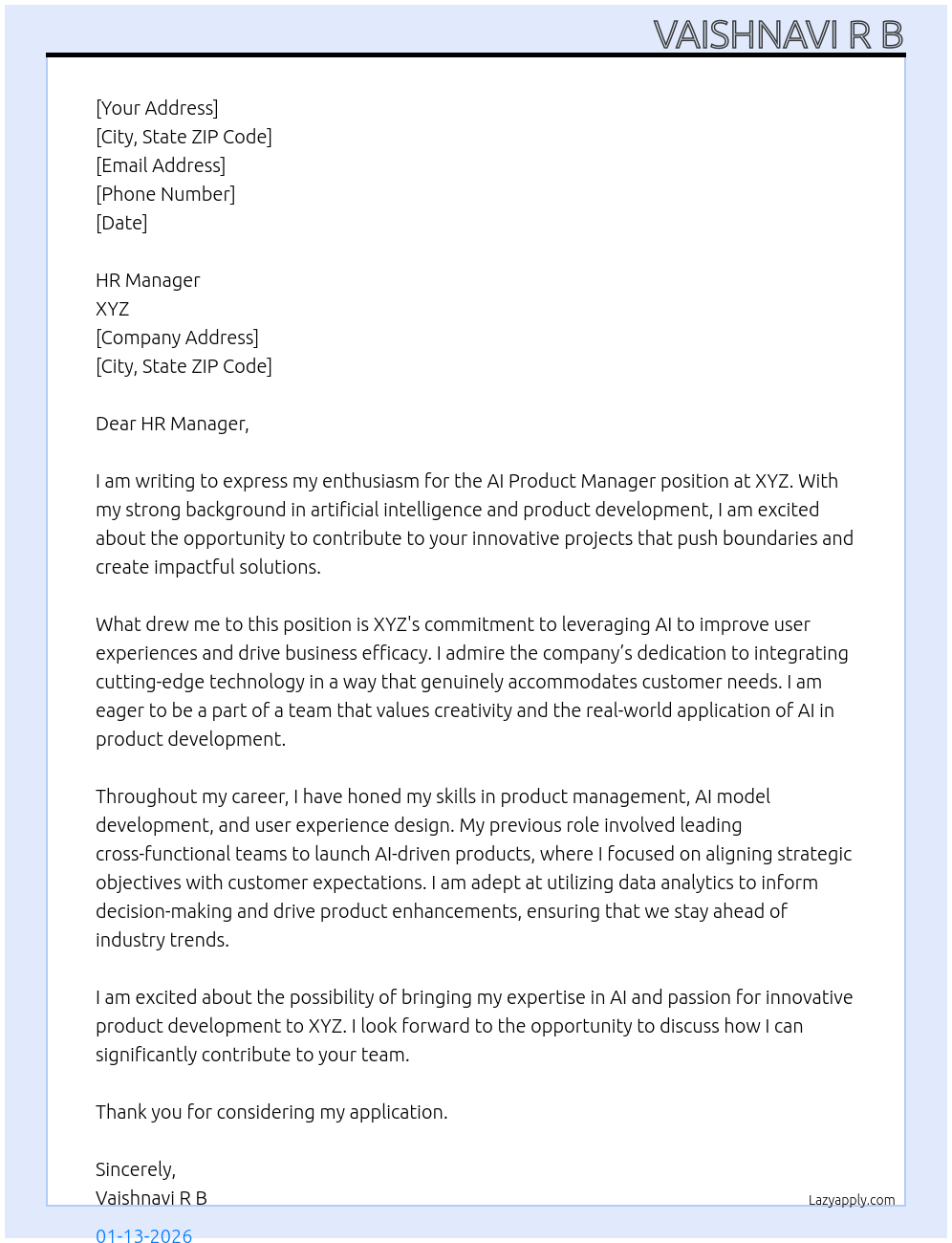 Cover letter for ai product manager - LazyApply