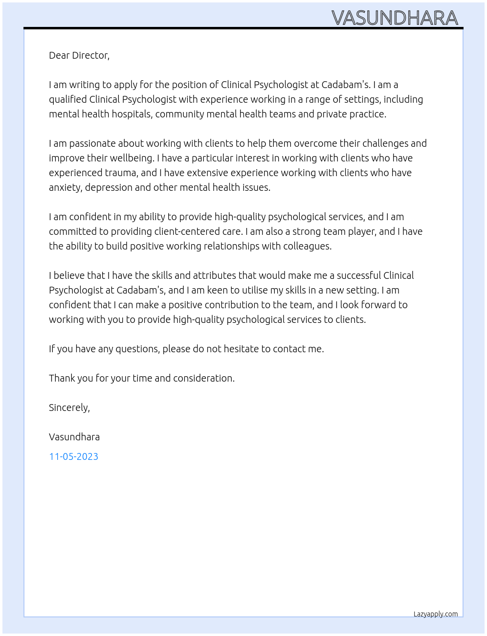 Cover letter for clinical psychologist - LazyApply