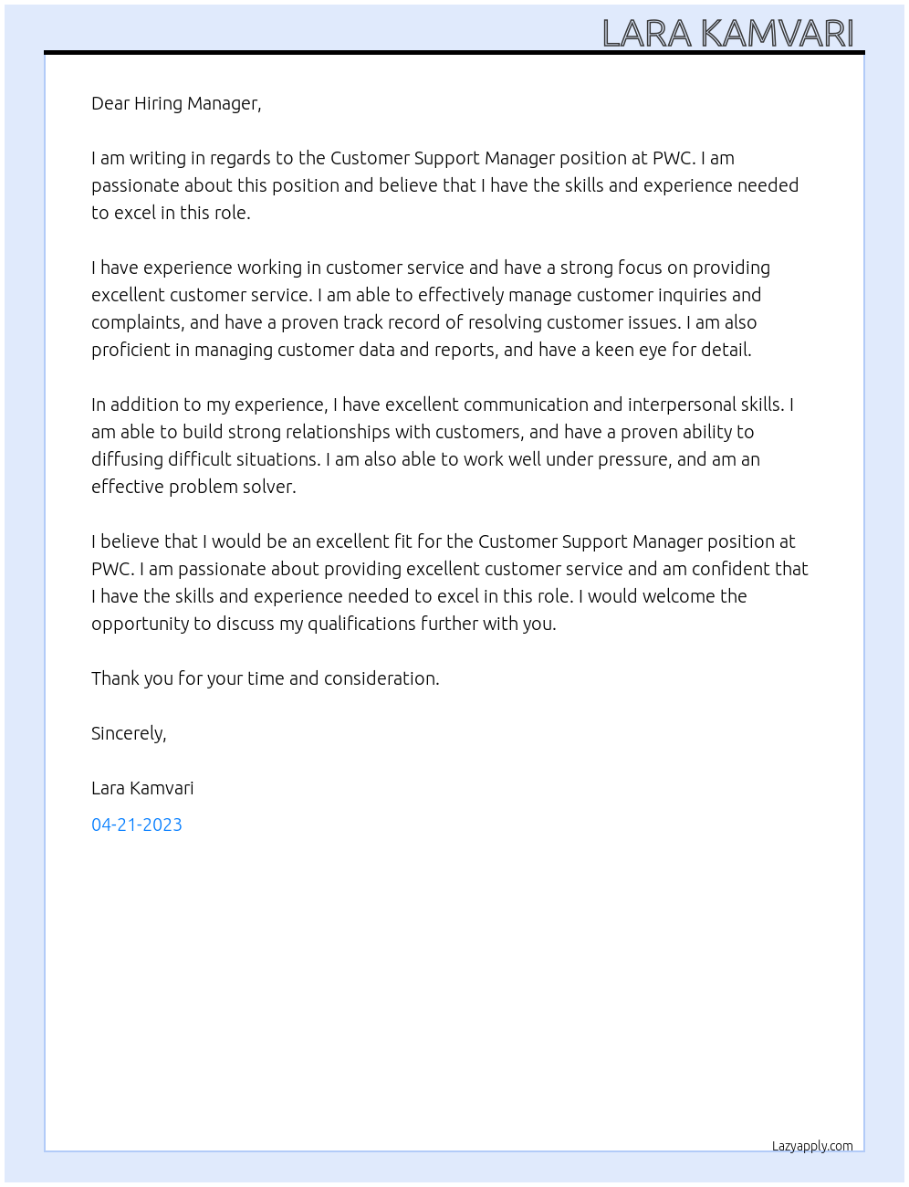 Cover letter for customer support manager - LazyApply