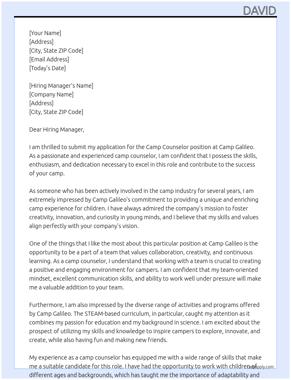 Cover letter for camp counselor - LazyApply