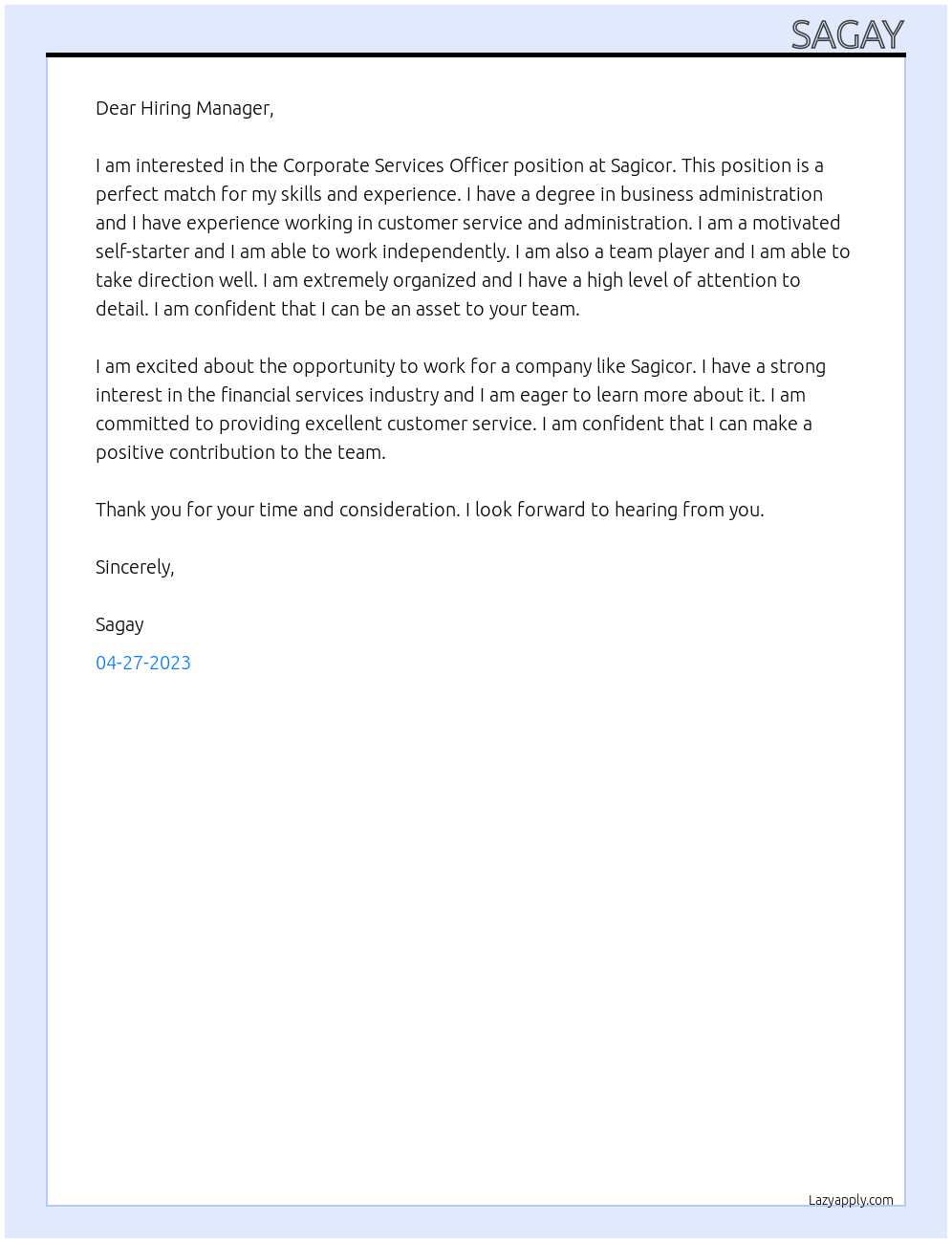 Cover letter for corporate services officer - LazyApply