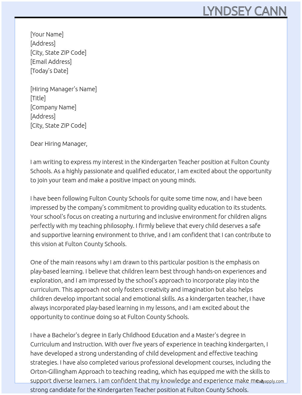 Cover letter for kindergarten teacher - LazyApply
