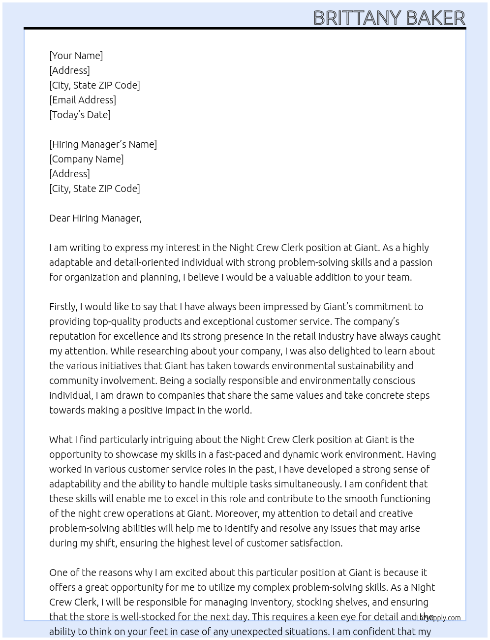 Cover letter for night crew clerk - LazyApply