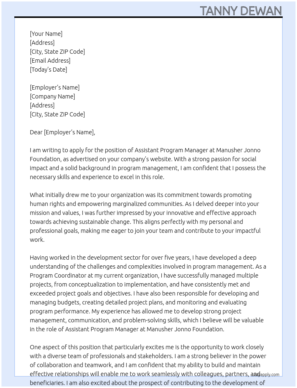 Cover letter for assistant program manager - LazyApply