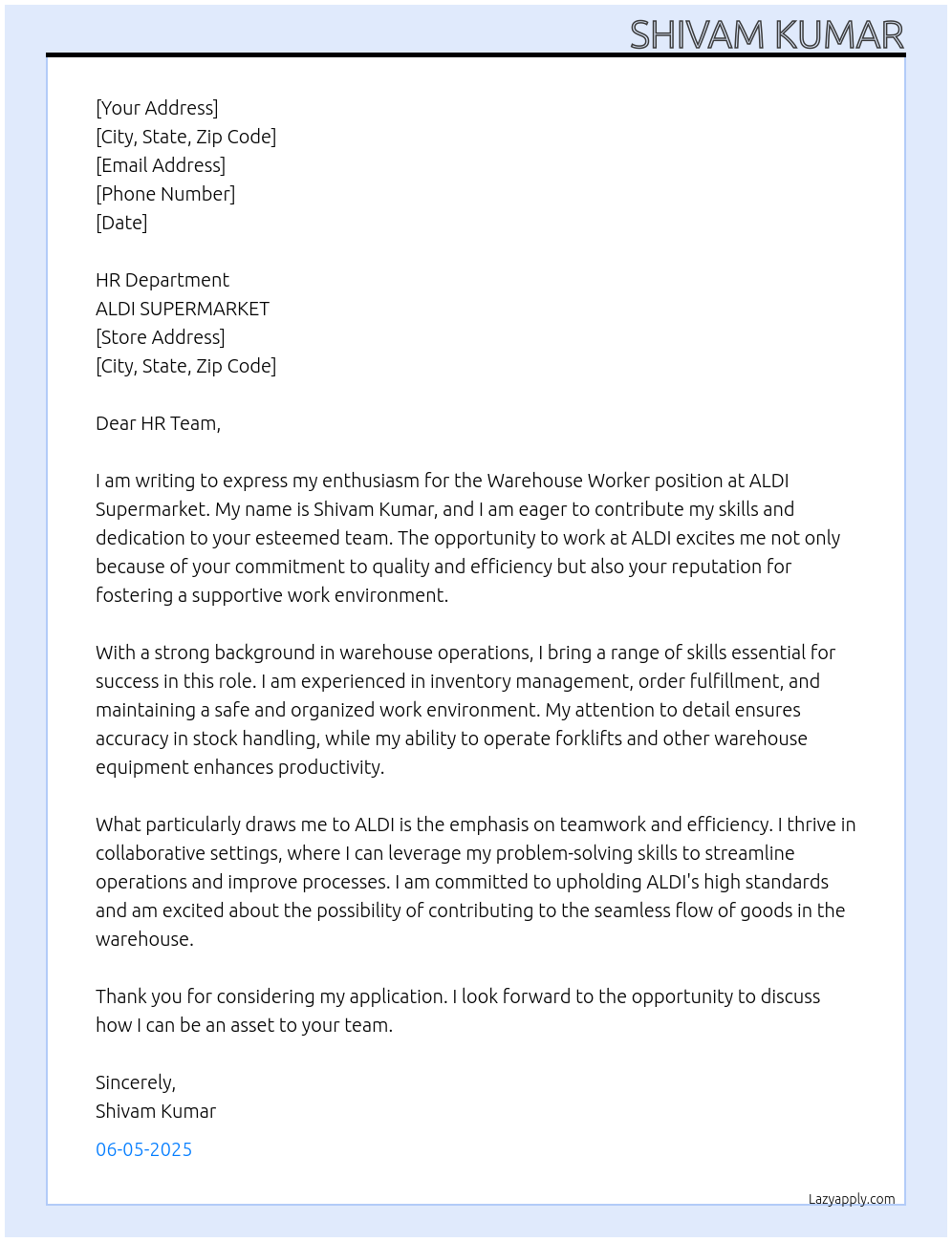 Cover letter for warehouse worker - LazyApply