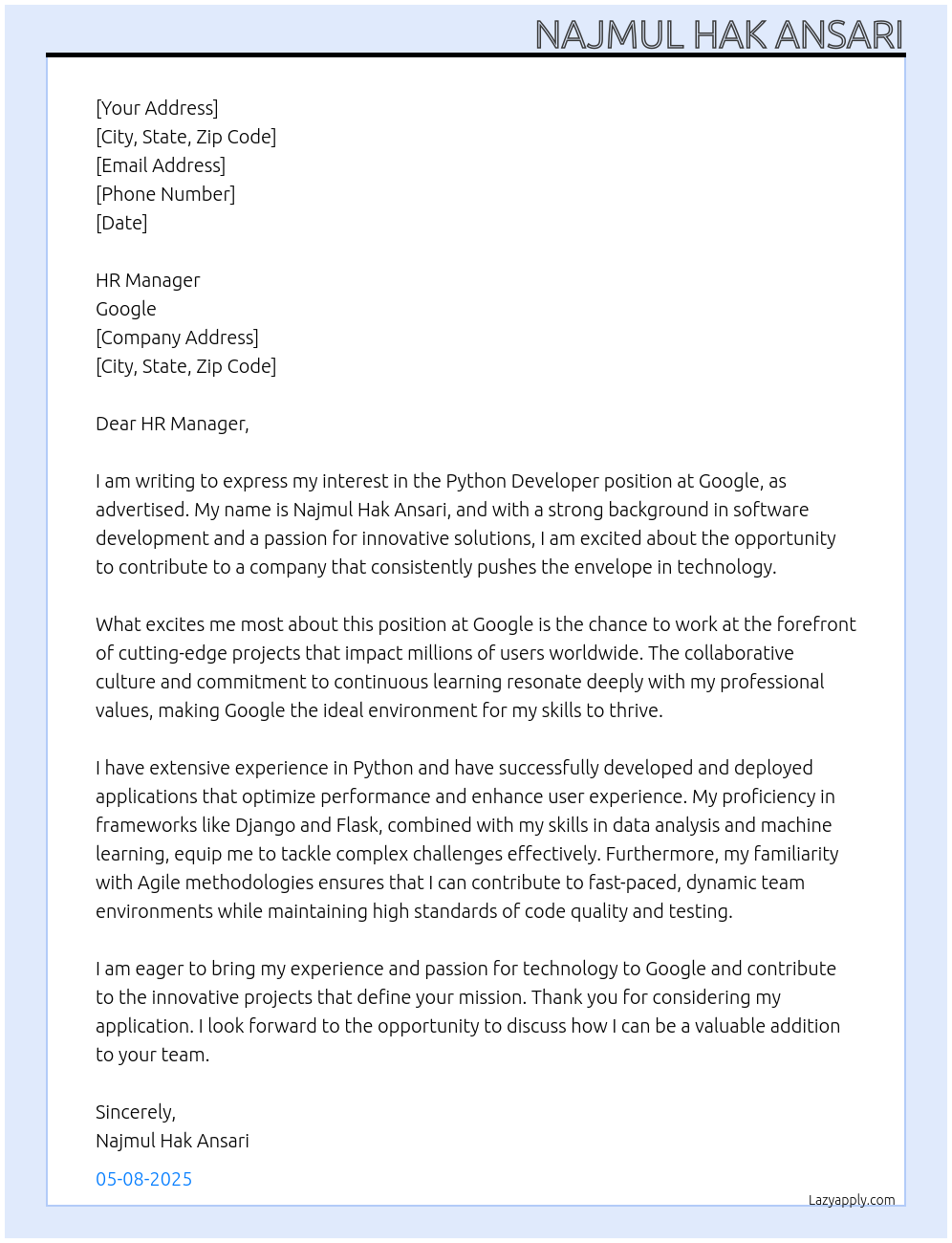 Cover letter for google - LazyApply