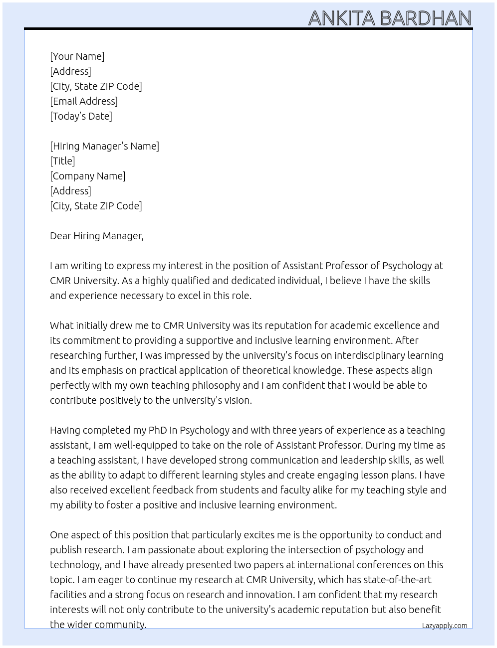 Cover letter for assistant professor of psychology - LazyApply