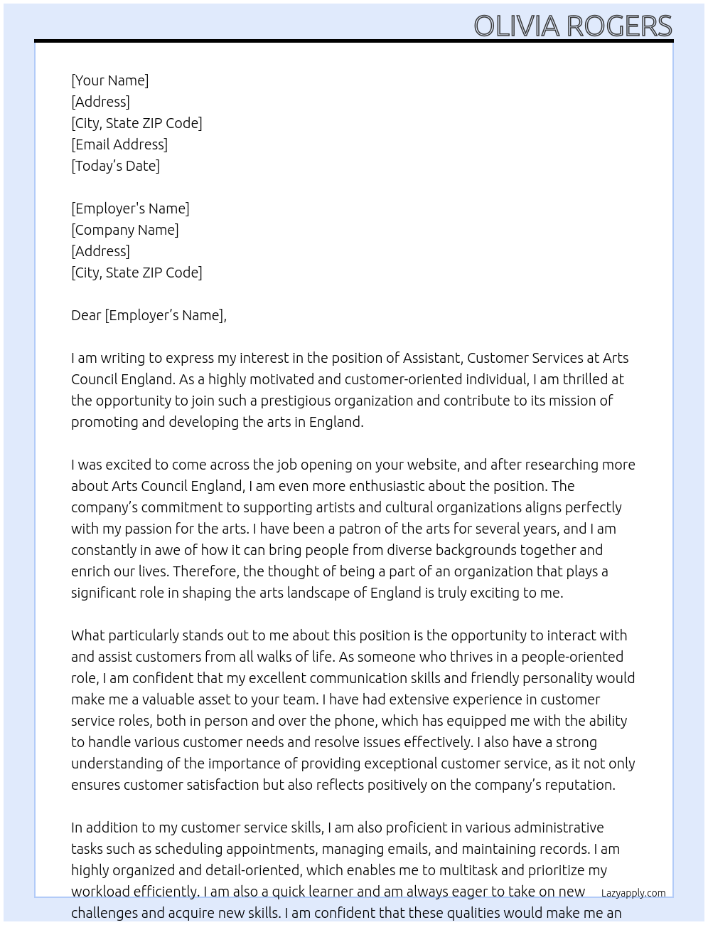 Cover letter for assistant, customer services - LazyApply