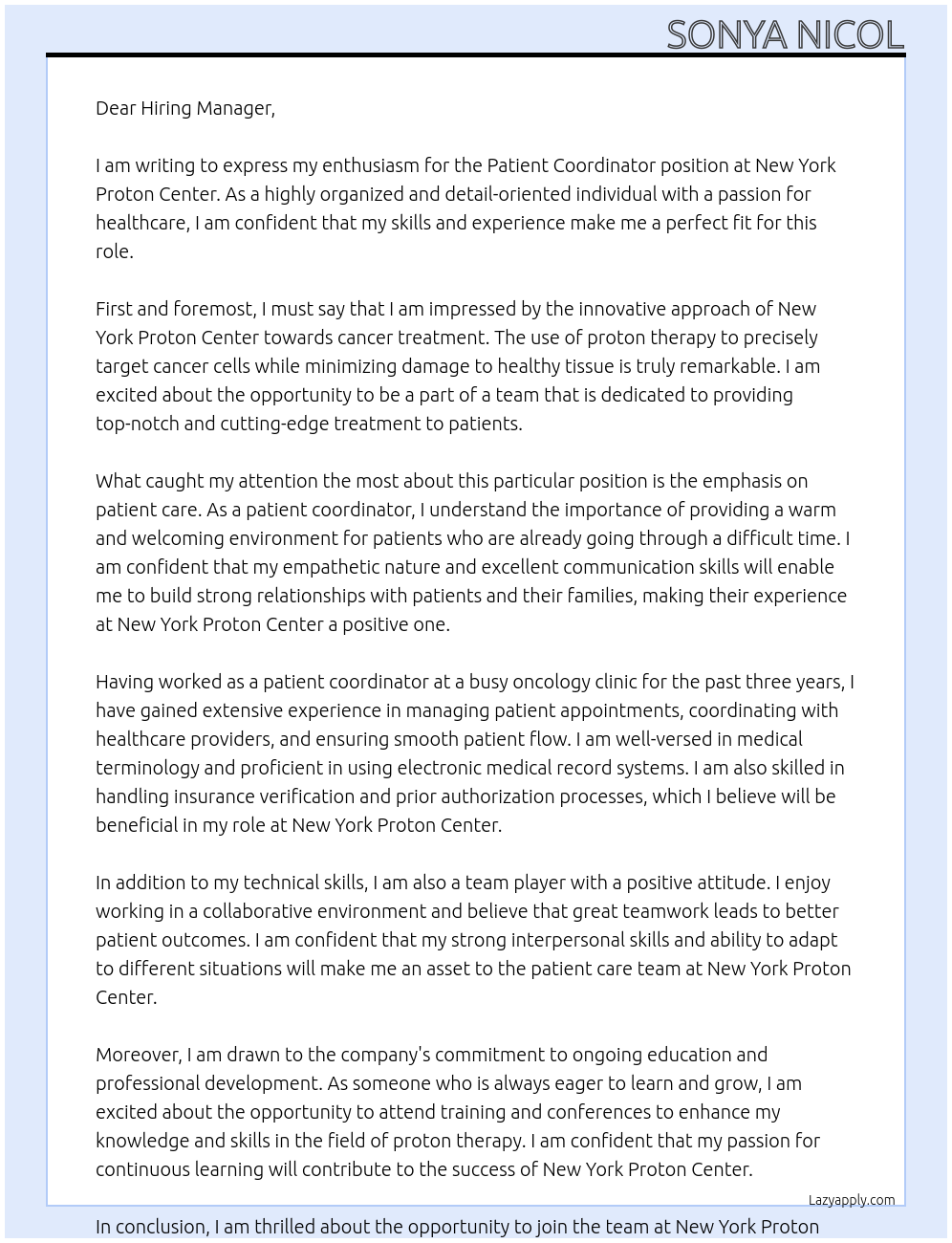 Cover letter for patient coordinator - LazyApply