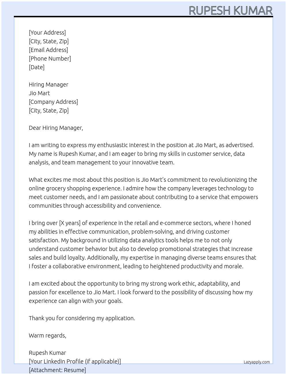 Cover letter for jio mart - LazyApply