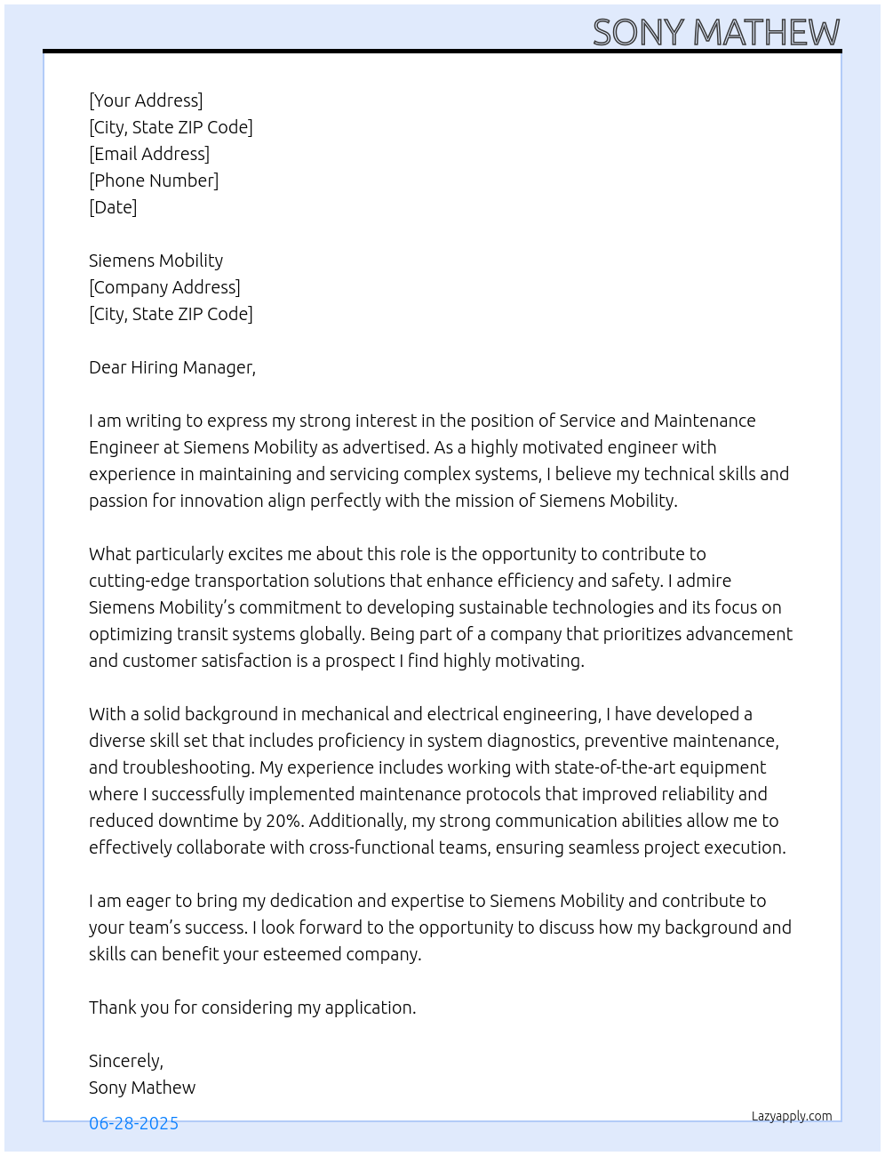 Cover letter for service and maintenance engineer - LazyApply