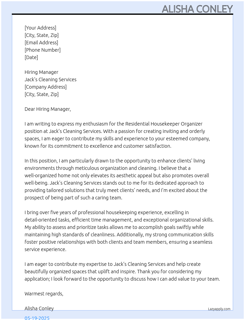 Cover letter for residential housekeeper organizer - LazyApply