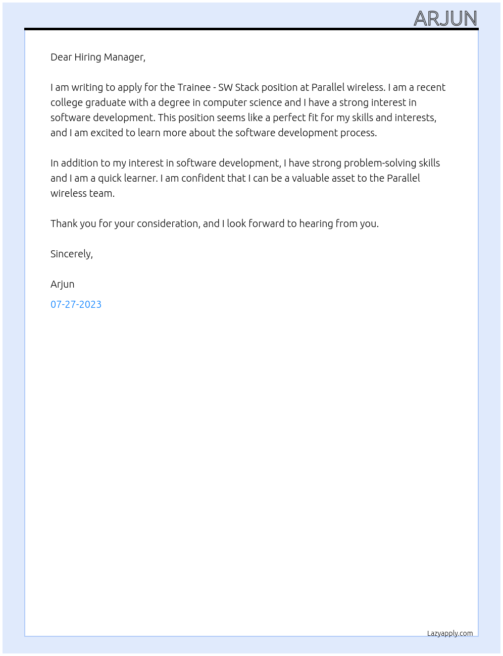 Cover letter for parallel wireless - LazyApply