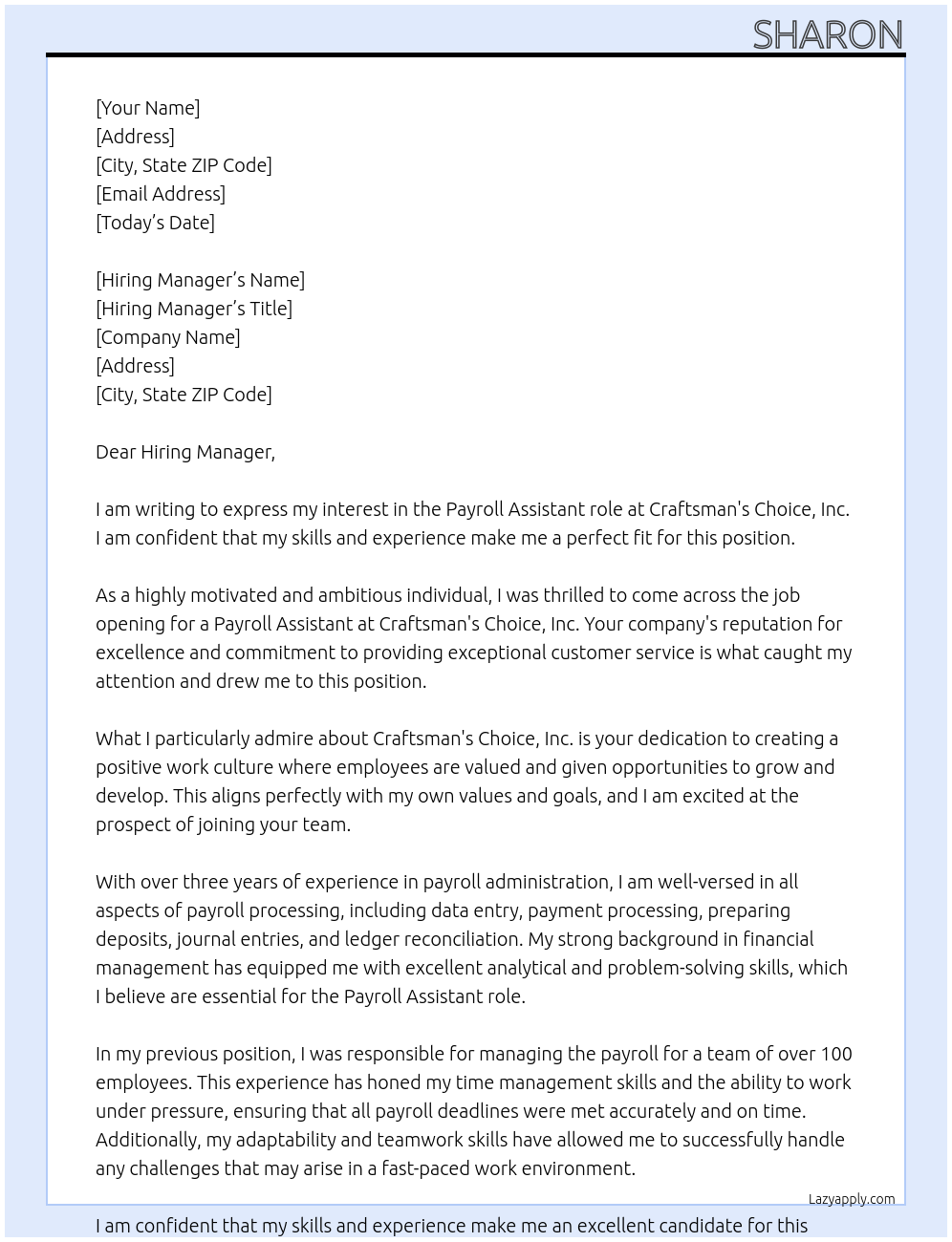 Cover letter for payroll assistant - LazyApply