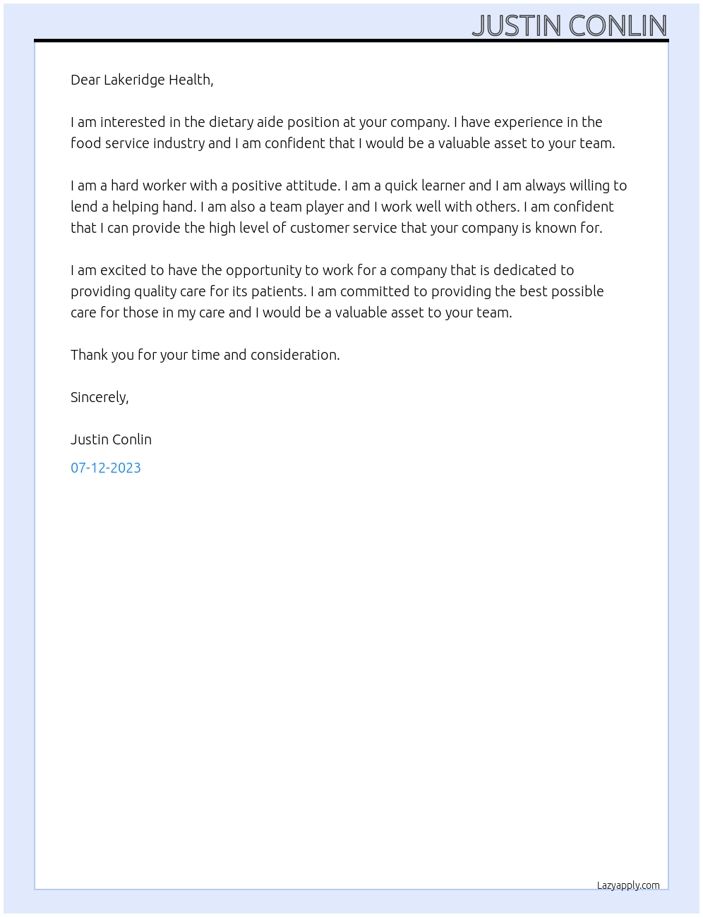 Cover letter for dietary aide - LazyApply
