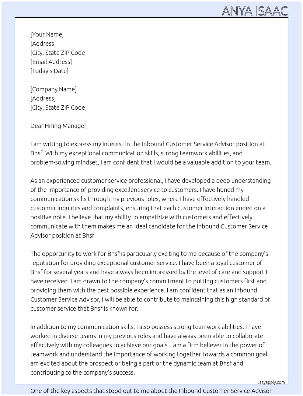 Cover letter for inbound customer service advisor - LazyApply