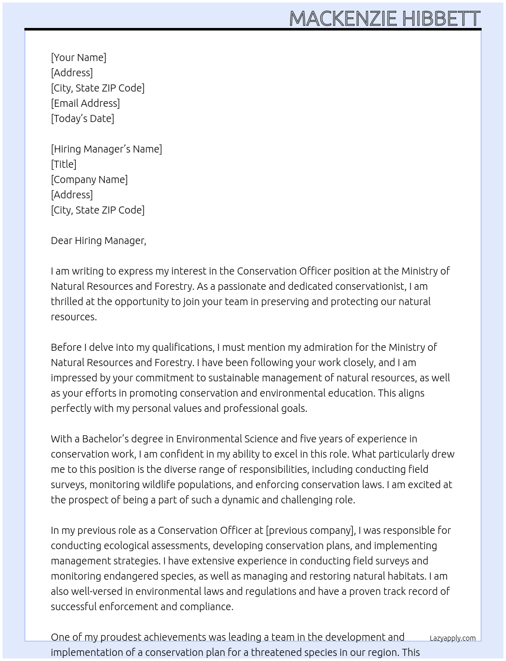Cover letter for conservation officer - LazyApply