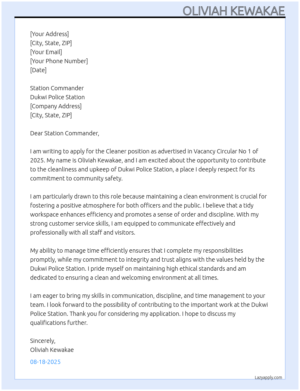 Cover letter for cleaner, vacancy circular no 1 of 2025 - LazyApply