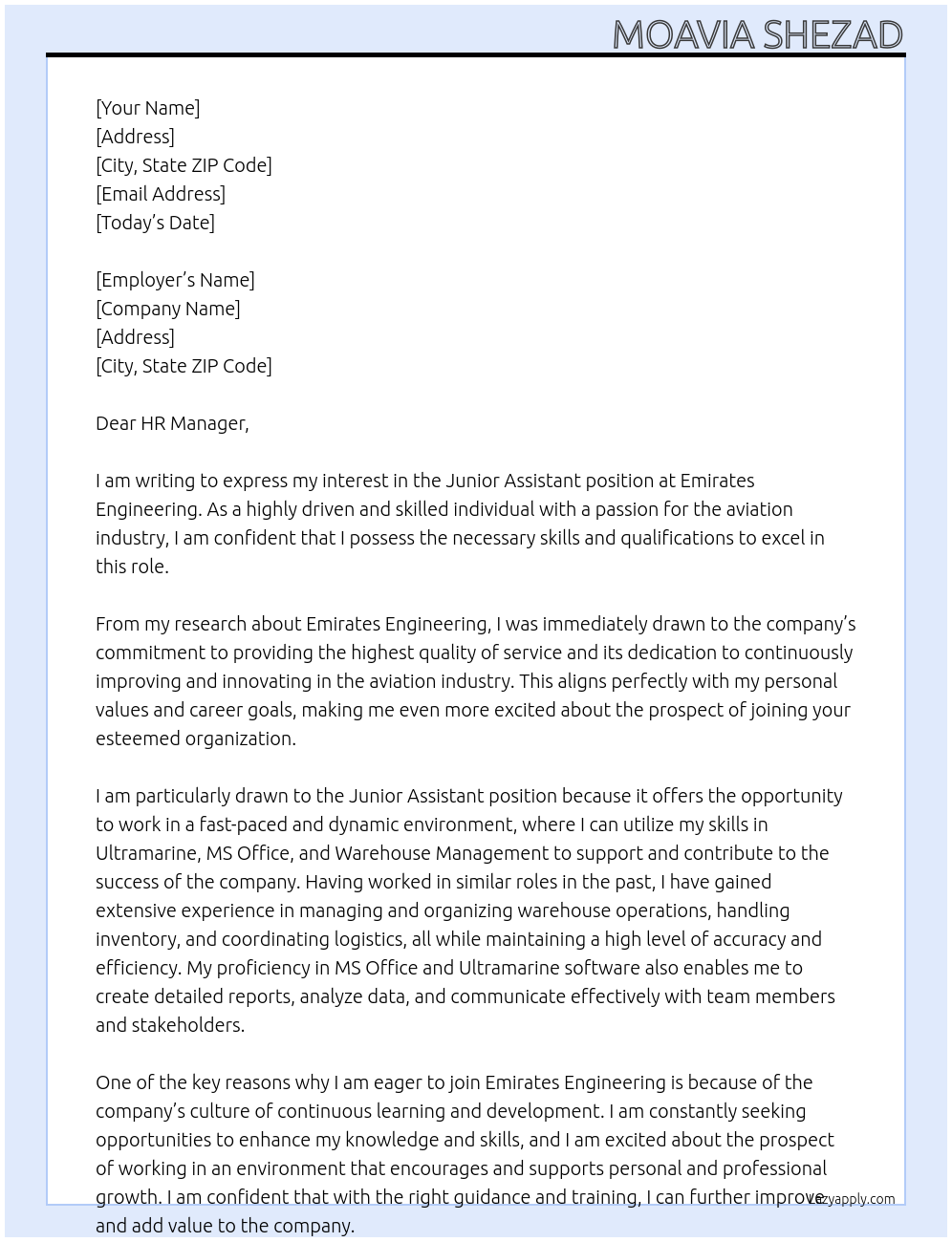 Cover letter for junior assistant - LazyApply