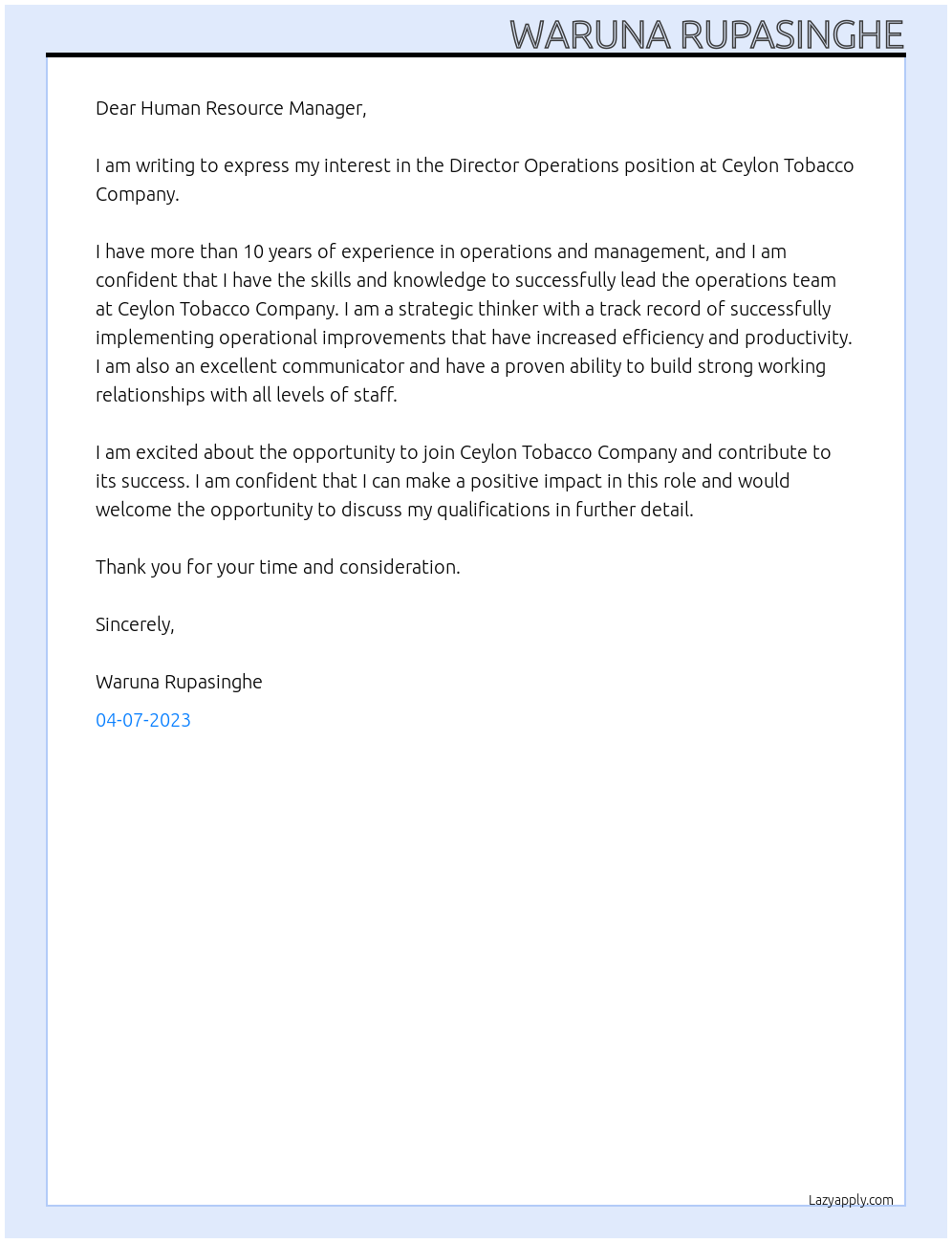 Cover letter for director: operations - LazyApply