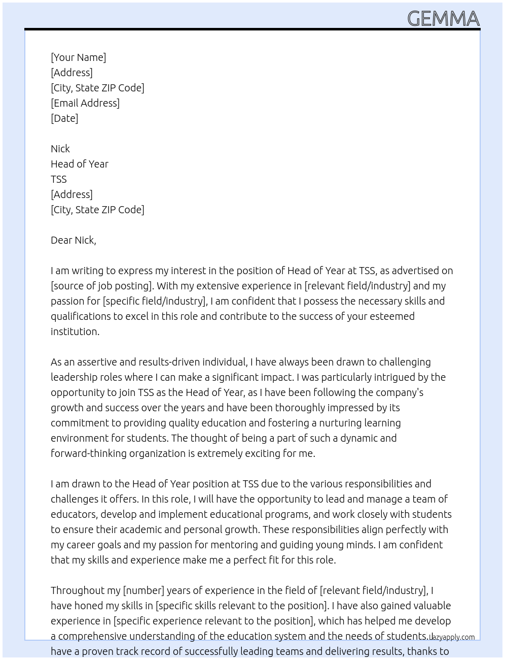 Cover letter for head of year - LazyApply