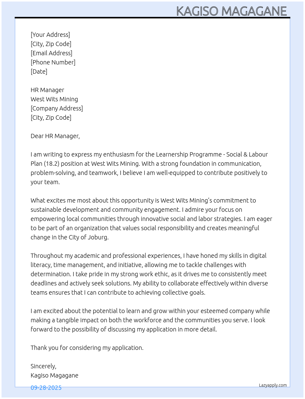 Cover letter for learnership programme -social & labour plan 18.2 - LazyApply