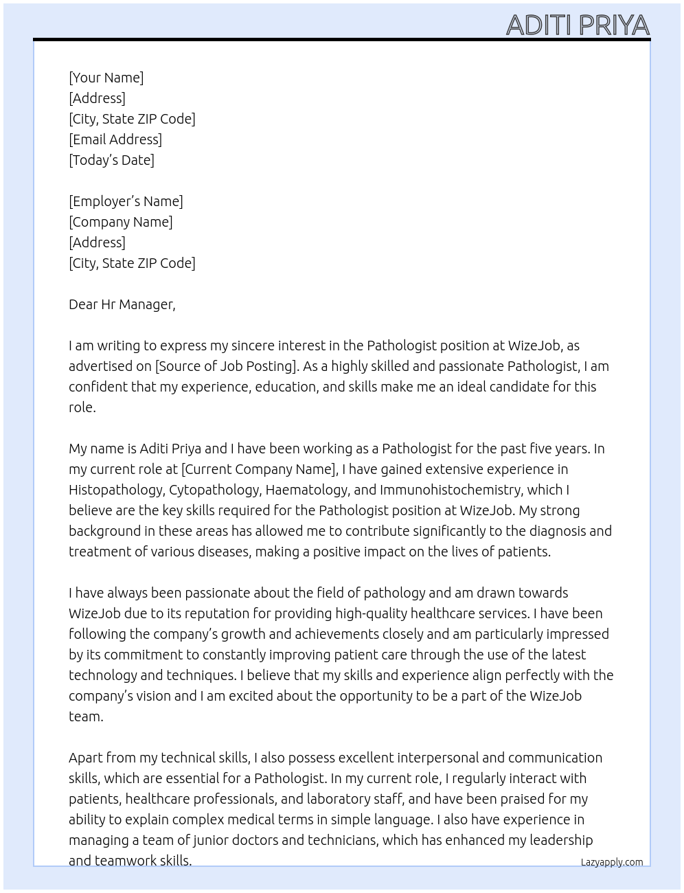 Cover letter for pathologist - LazyApply