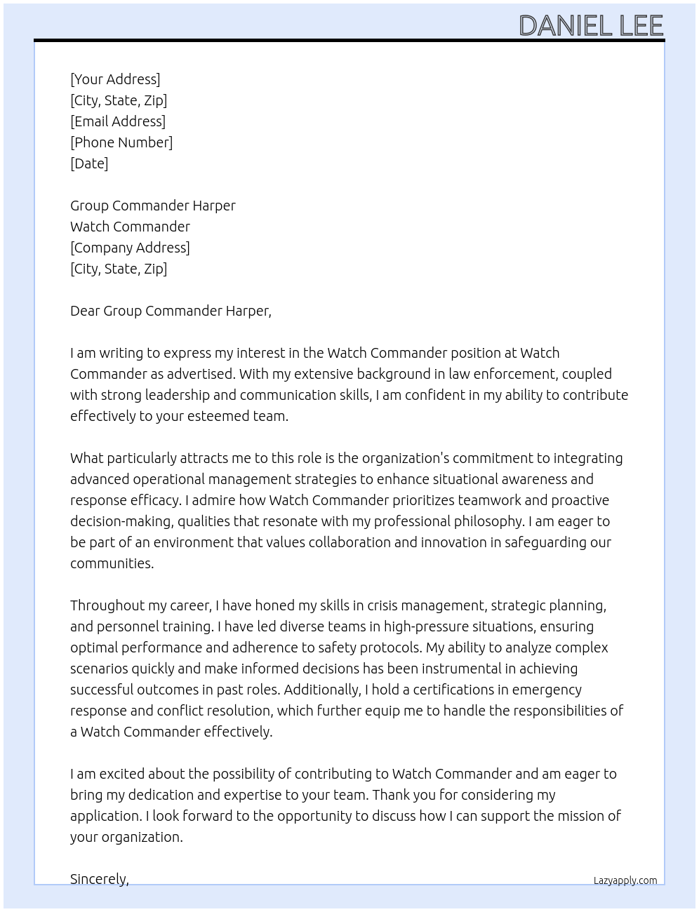 Cover letter for watch commander - LazyApply