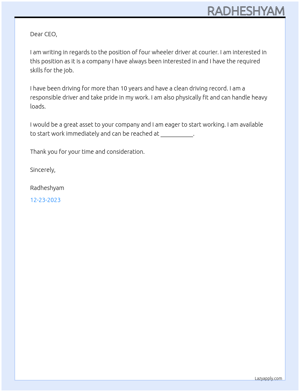 Cover letter for four wheeler driver - LazyApply