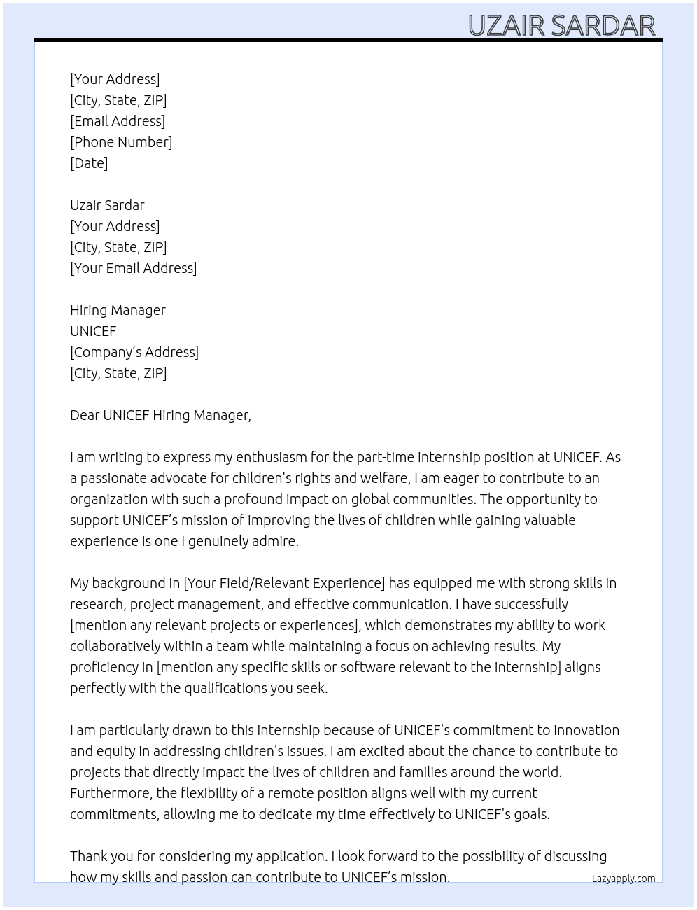 Cover letter for intership - LazyApply