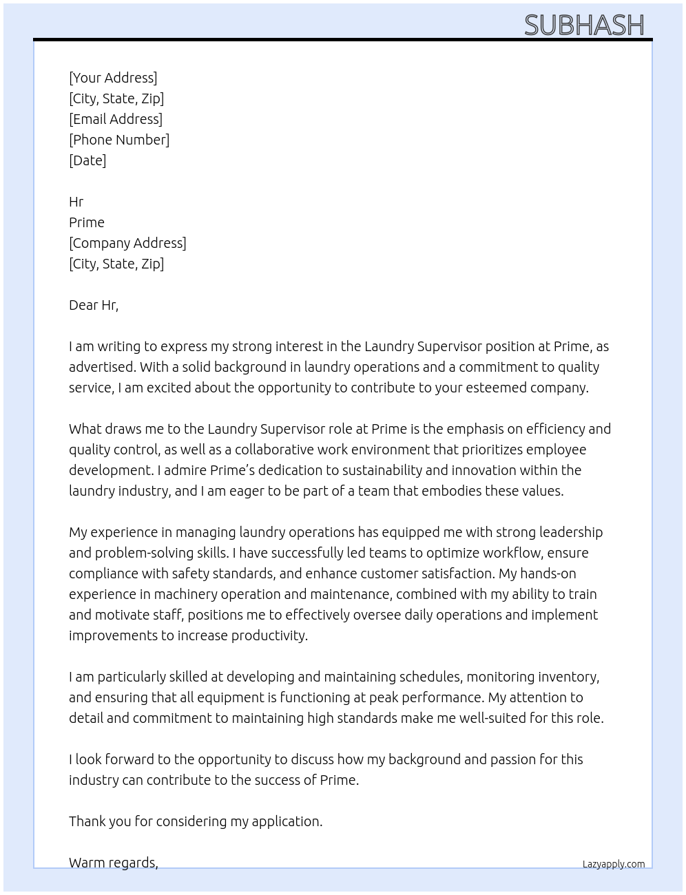 Cover letter for laundry supervisor - LazyApply