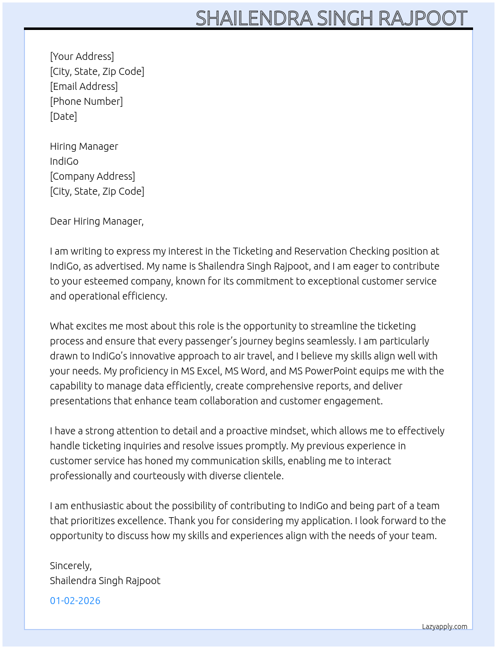Cover letter for ticketing and reservation checking - LazyApply