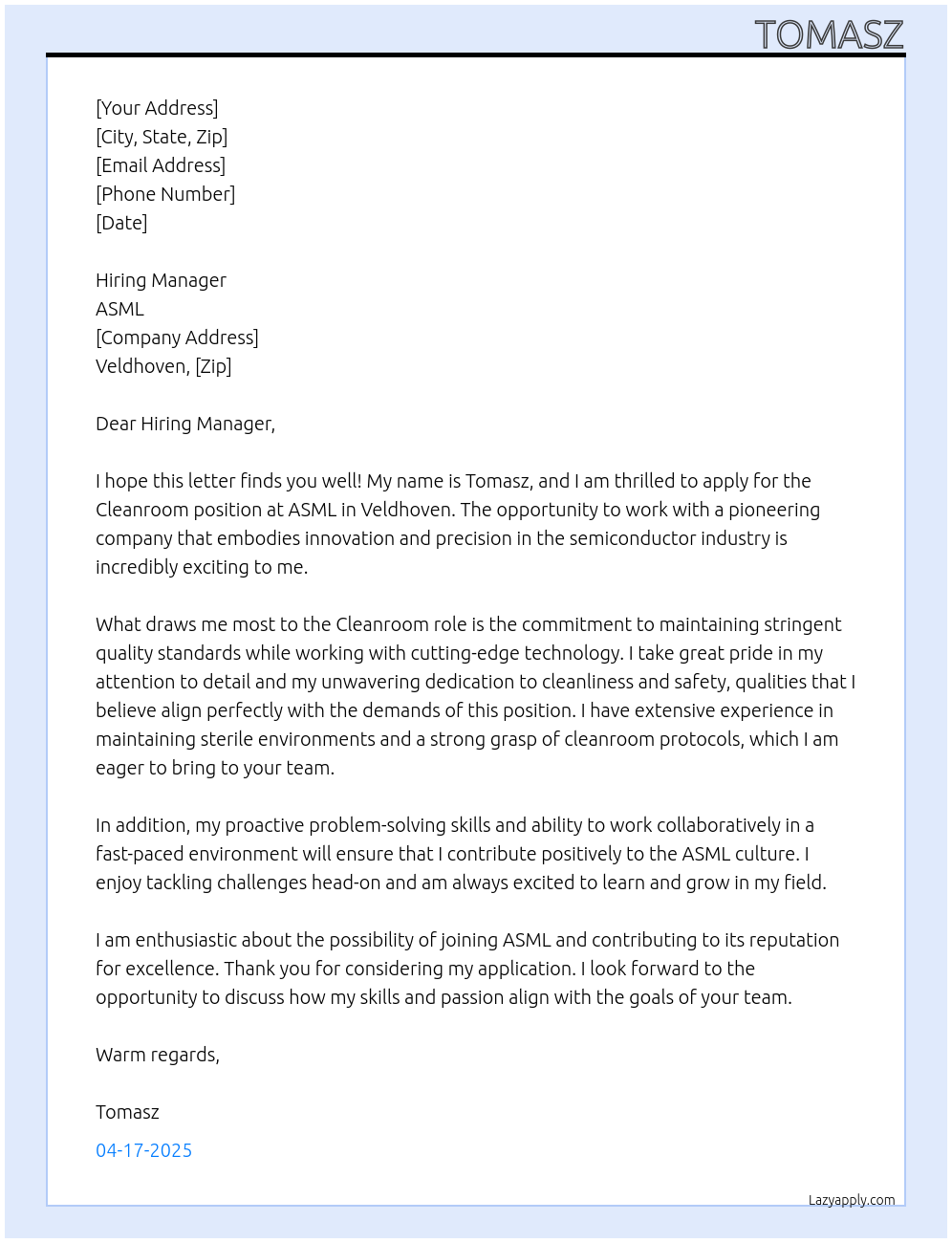 Cover letter for asml - LazyApply
