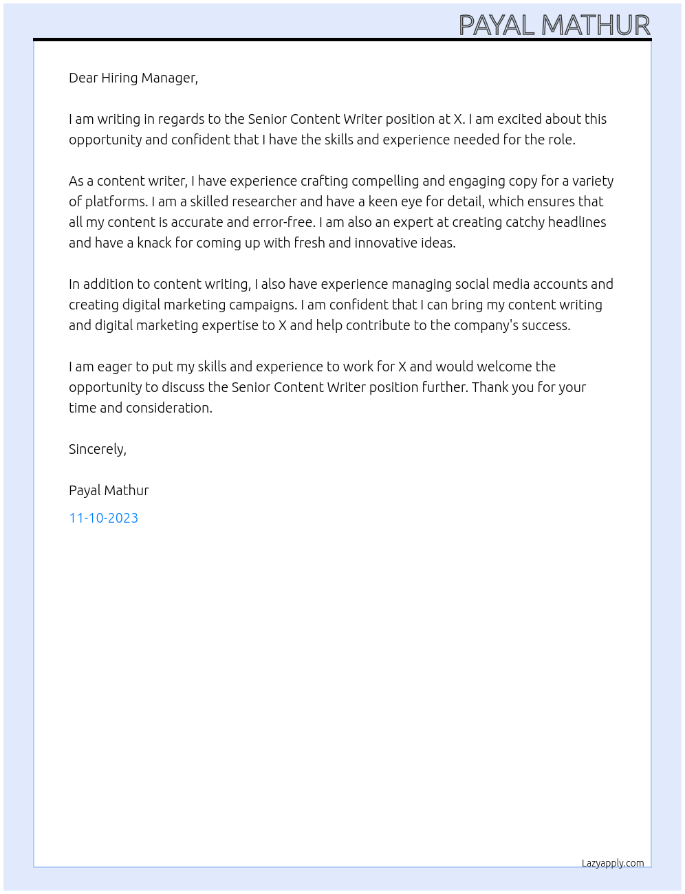 Cover letter for senior content writer - LazyApply