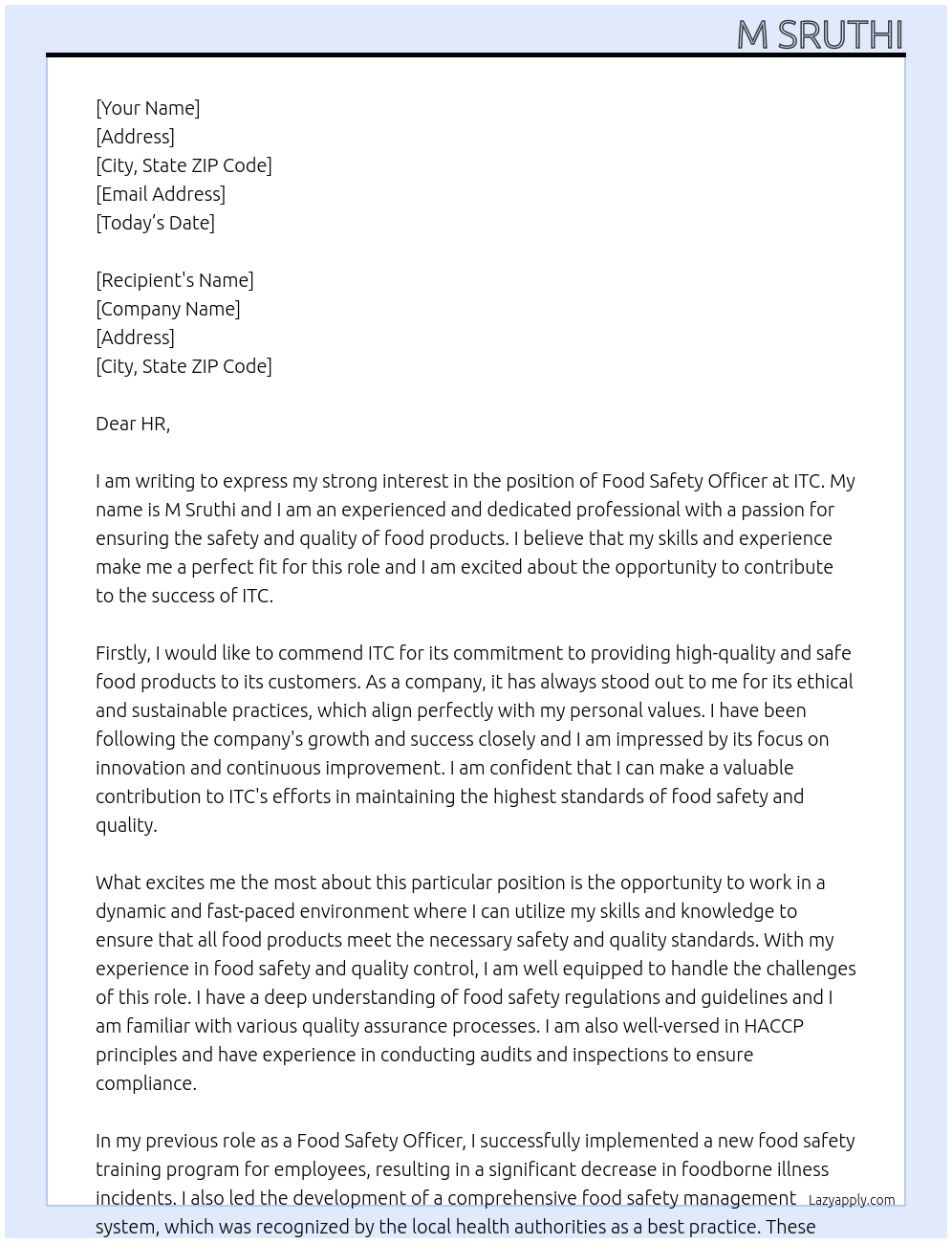 Cover letter for itc - LazyApply