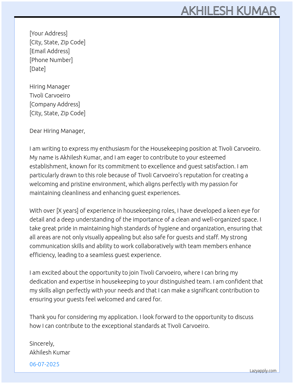 Cover letter for housekeeping cleaning - LazyApply