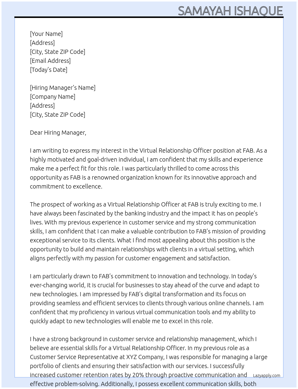 Cover letter for virtual relationship officer - LazyApply