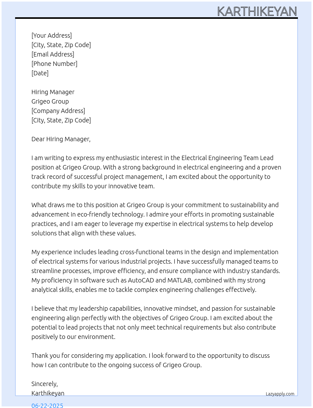 Cover letter for electrical engineering team lead - LazyApply