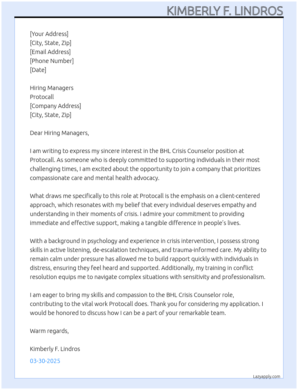 Cover letter for bhl crisis counselor - LazyApply
