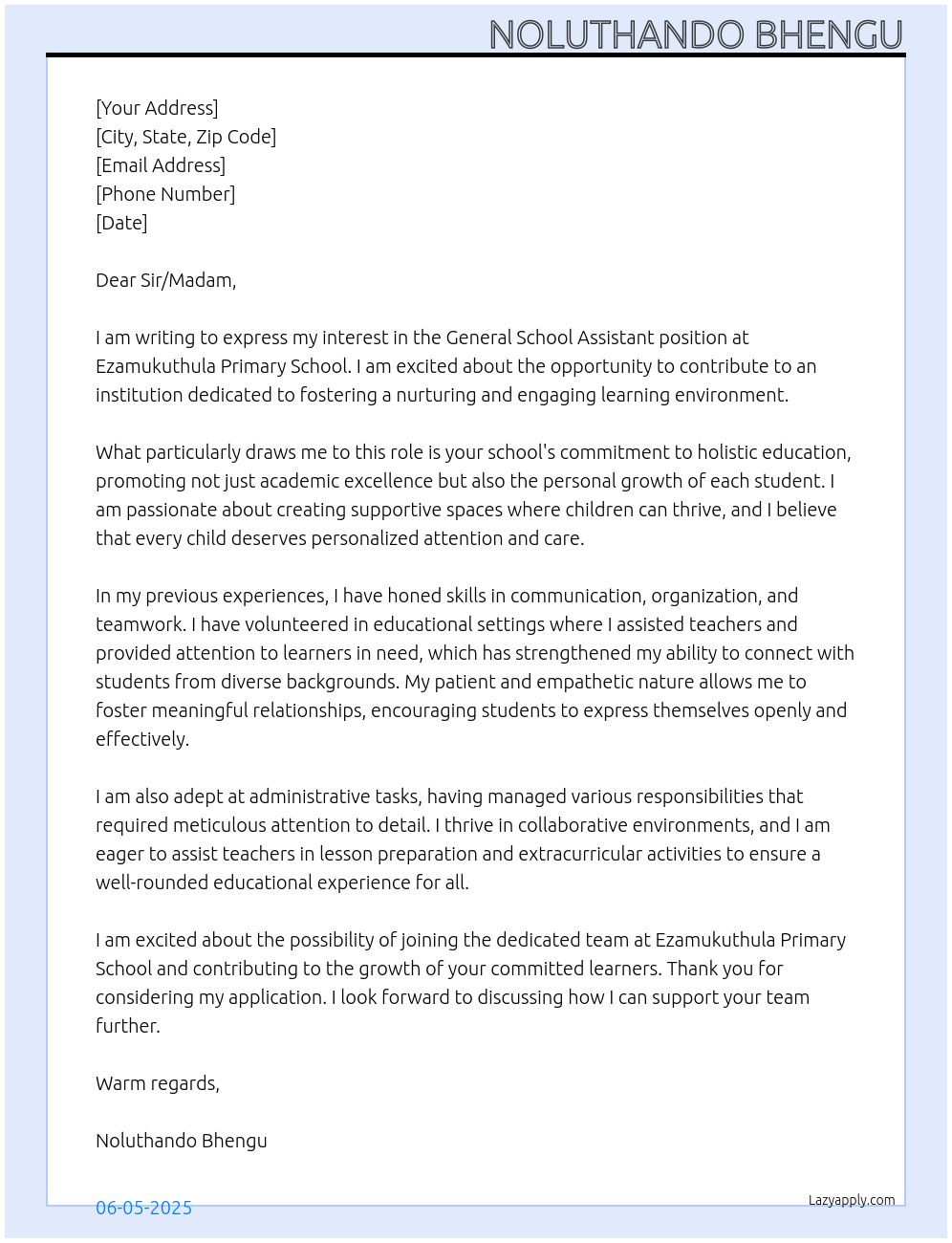 Cover letter for general school assistant - LazyApply