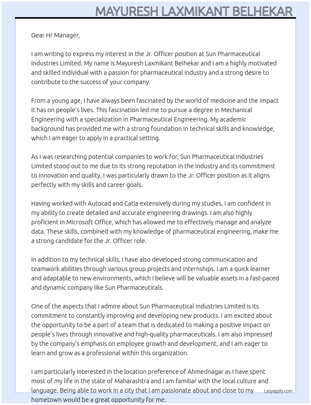 Cover letter for jr.officer - LazyApply