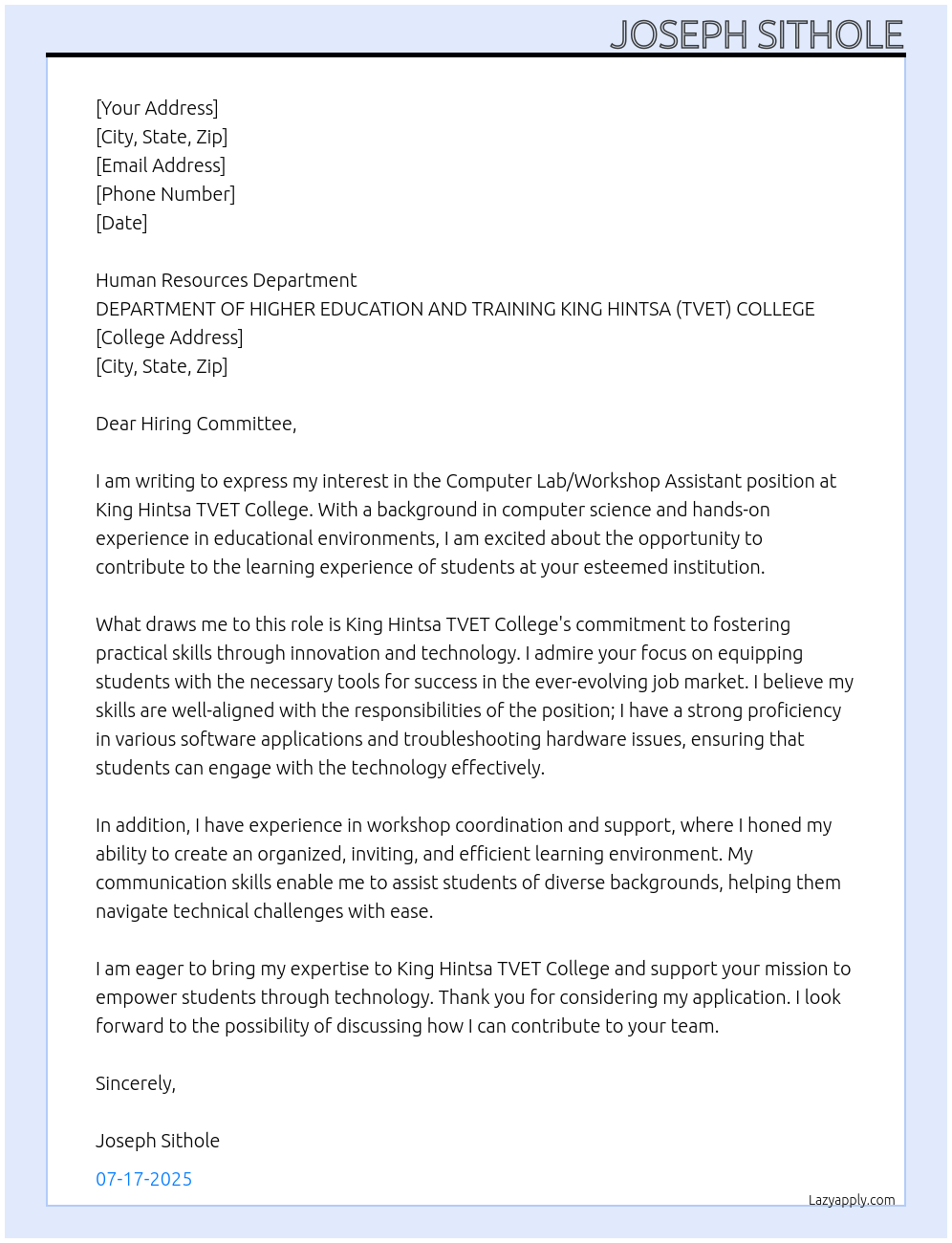 Cover letter for computer lab/ workshop assistant - LazyApply