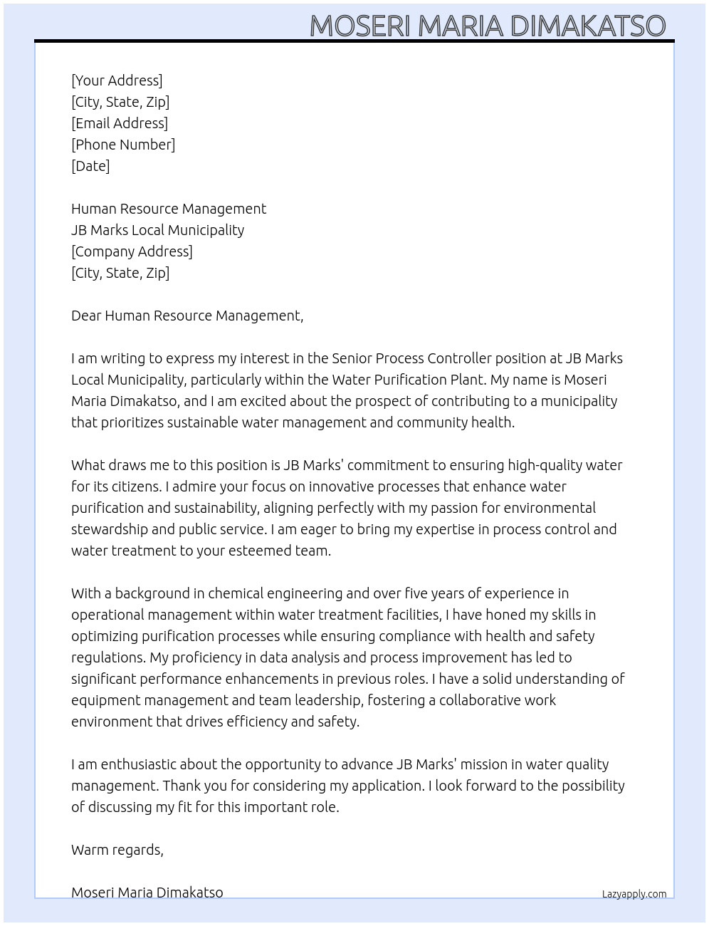 Cover letter for senior process controller - LazyApply