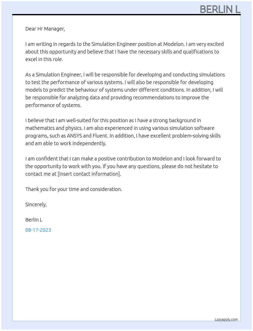 Cover letter for simulation engineer - LazyApply